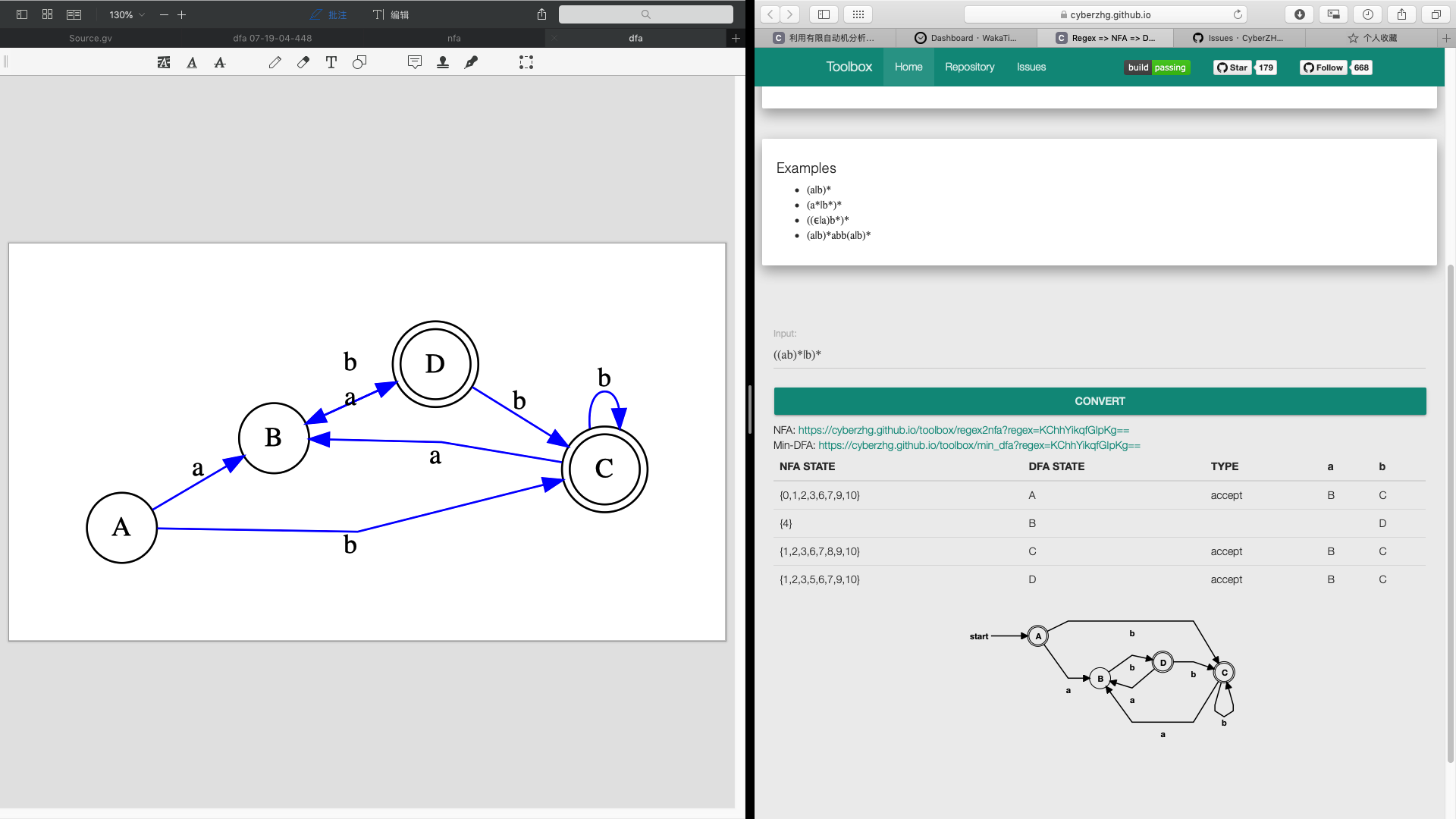 GitHub - bonkyzhu/Regex2NFA2DFA: 正则转NFA再转DFA的可视化分析工具
